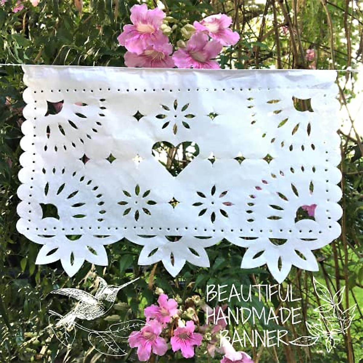 White Papel Picado Mexican Paper -5Pack- Medium Mexican White Banners -60 Panels Wedding Bridal Decorations Garland Flags 16 Feet Long Each Strip -Handmade by Mexican Artisans