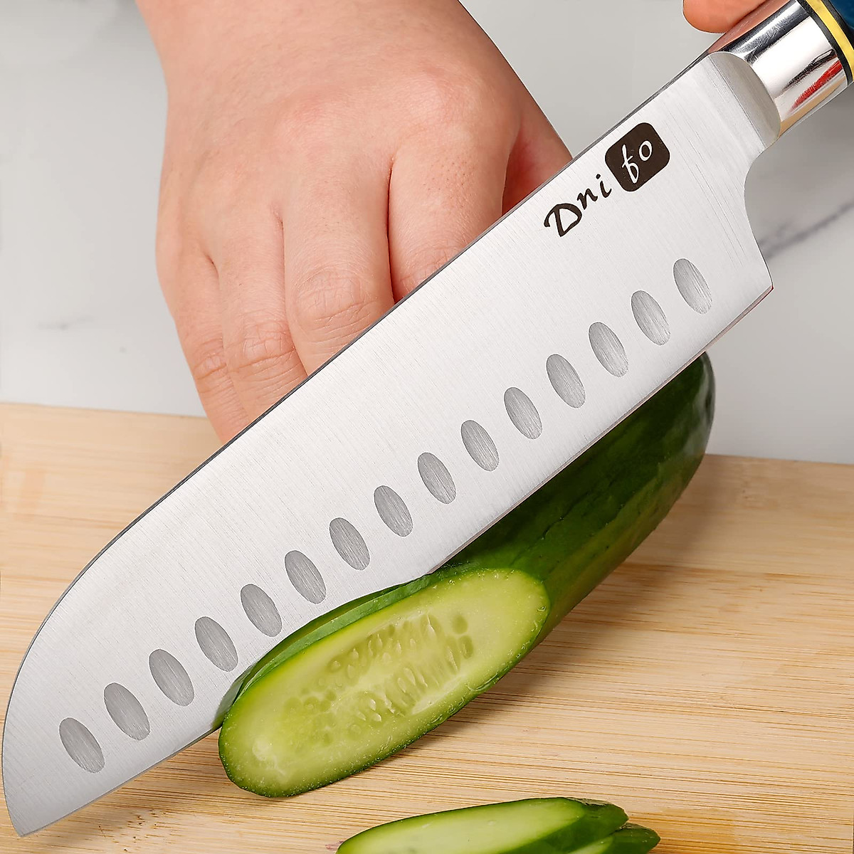 Dnifo Santoku Knife 7-Inch Japanese Style Chef Knife, Multifunctional Ultra Sharp High Carbon Stainless Steel Kitchen Chopping Knife, Ergonomic Logs & Resin Handle