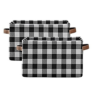 Kigai Black and White Buffalo Plaid Storage Basket with Handles Collapsible Storage Bins Canvas Fabric Storage Organizer for Shelves Closet Bedroom Living Room 1Pack