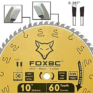 FOXBC 10 Inch Thin Kerf Fine Finish Crosscut Table Saw Blade, 60-Tooth ATB, with 5/8-Inch Arbor