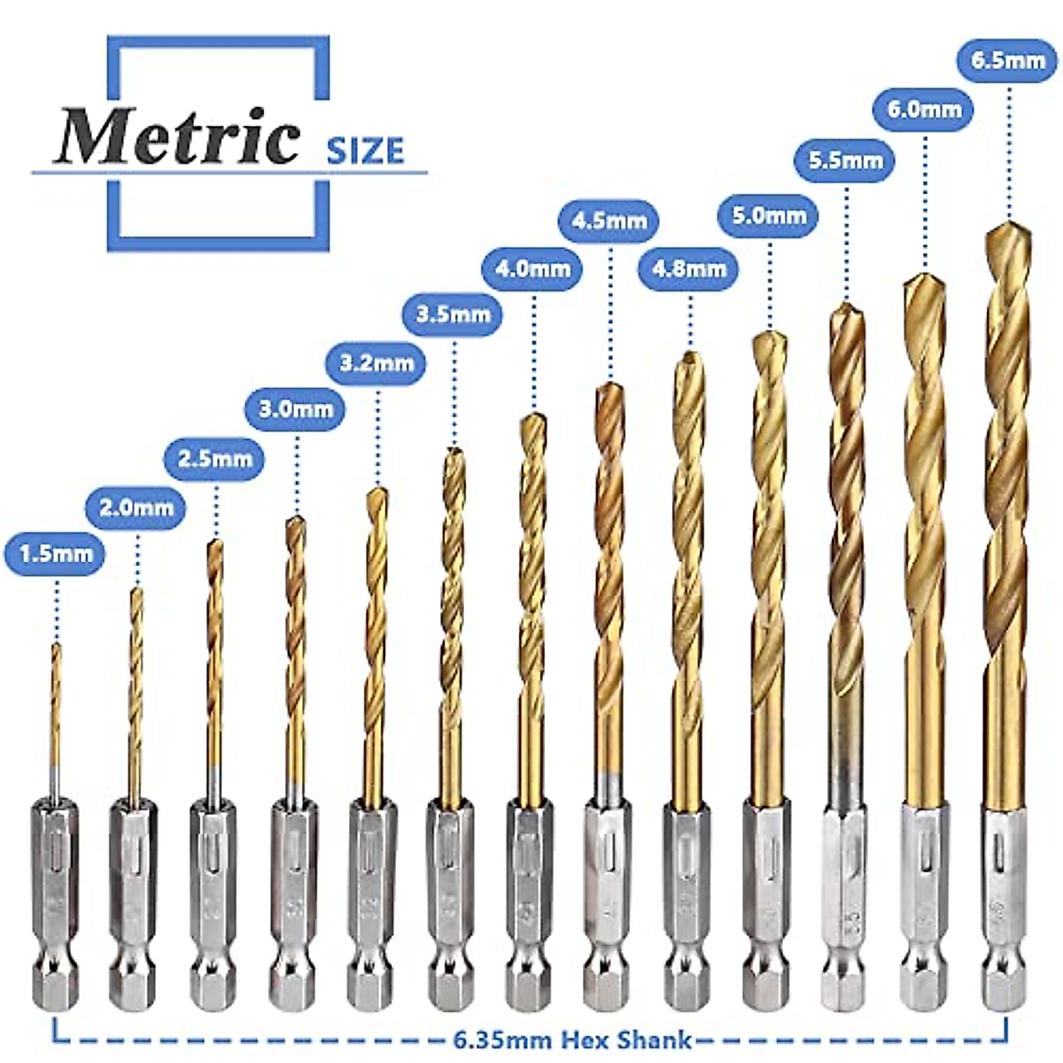 Mesee 13 Pieces Titanium Coated HSS Twist Drill Bit Set, Hex Shank High Speed Steel Drill Bits 1.5mm-6.5mm Quick Change Woodworking Drilling Tool