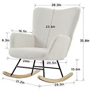 VECELO Rocking Chair, Modern Nursery Upholstered Glider Rocker Padded Seat with High Backrest Armchair with Pocket for Living Room, Bedroom, Offices, Balcony, White