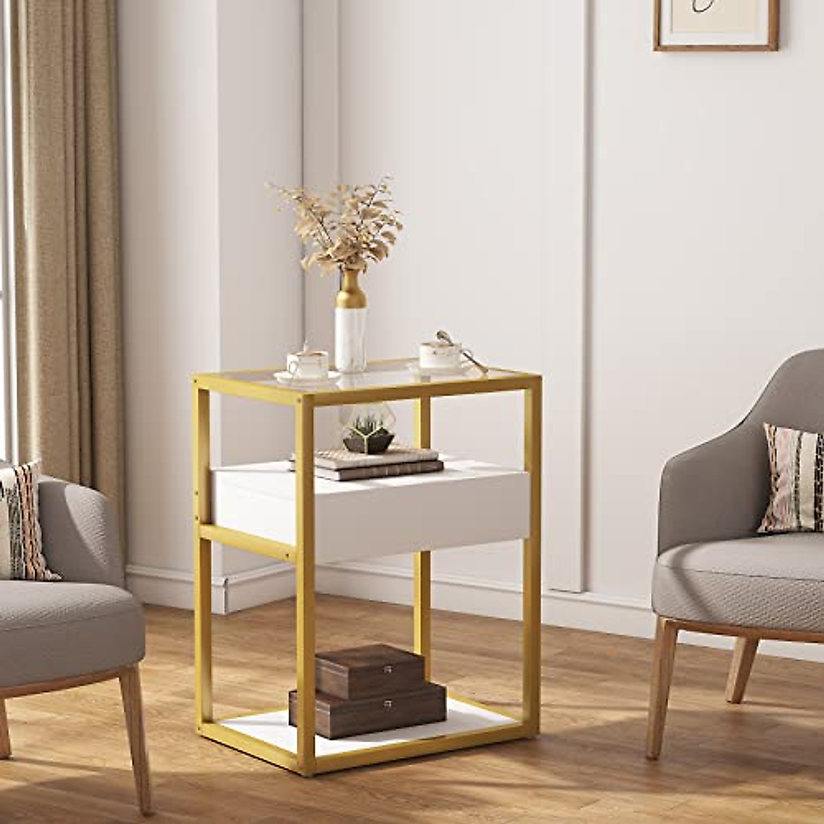 LITTLE TREE Modern Gold White Nightstand with Drawer and Storage Shelf, Bedside Chair Side End Table for Bedroom, Living Room