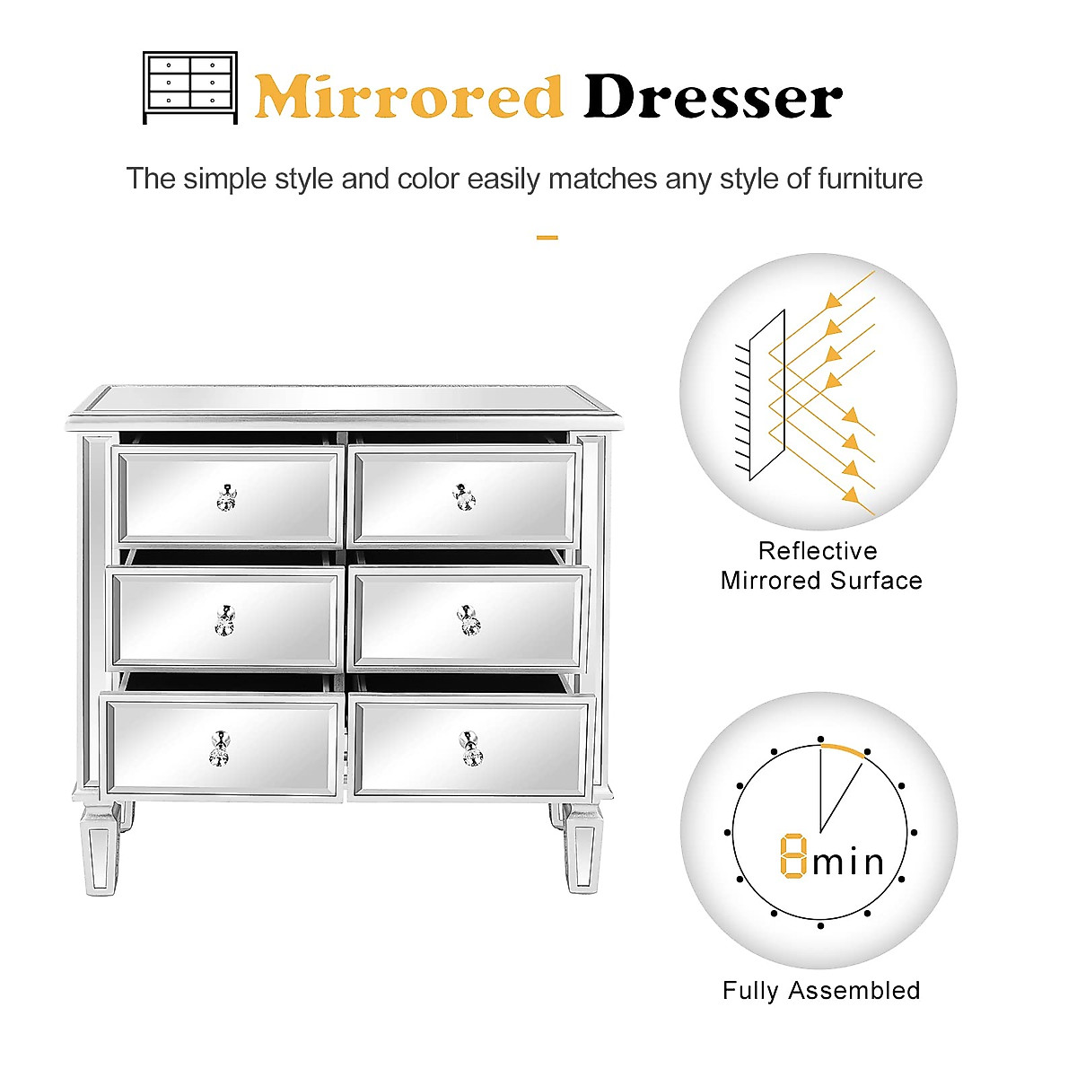 Bonnlo Mirrored Dresser 6 Mirrored Drawers, Mirrored Cabinet, Glass Mirror Dresser for Bedroom with 6 Storage Drawer Modern Chest of Drawers, Silver, 32”L x 12”W x 28”H