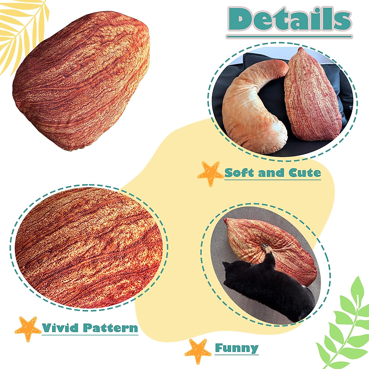 Whlo4U Simulation Almond Plush Pillow, Almond Stuffed Plush Throw Pillow, Home Sofa Decoration, Birthday Christmas Funny Gift for Kids Adults