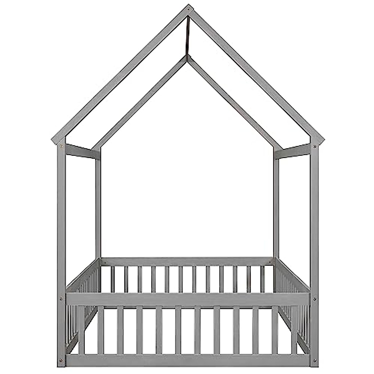Eafurn Full Size House Bed with Fence Railings and Small Door, Solid Wooden Floor Platform Bed with Roof Design, Playhouse Bed Frame Easy Assemble for Kids, Teens, Girls, Boys