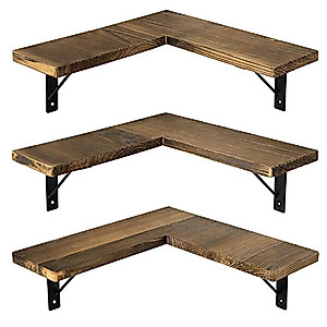 MyGift Wall Mounted Rustic Burnt Solid Wood Corner Shelf with Black Metal Brackets, Decorative Home Office Display Storage Shelves Rack, Set of 3