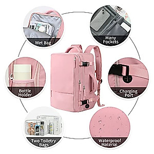 Hanples Travel Backpack for Women as Person Item Flight Approved, 35L Carry On Backpack, 16 Inch Laptop Backpack, Waterproof Backpack, Hiking Backpack, Casual Bag (Pink)