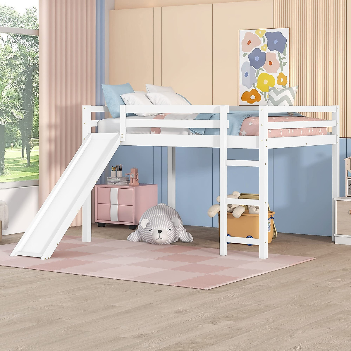 Full Loft Beds with Slide, Low Loft Bed Frame with Ladders Modern Fun Junior Loft Bed for Kids Boys Girls, White