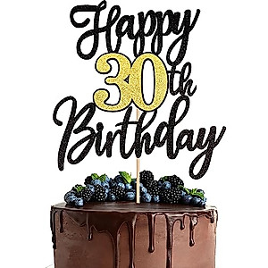 1 PCS Happy 30th Birthday Cake Topper Black Gold Glitter Cheers to 30 Years Birthday Cake Pick 30 Fabulous Cake Decoration for Happy 30th Birthday Anniversary Party Cake Decorations Supplies