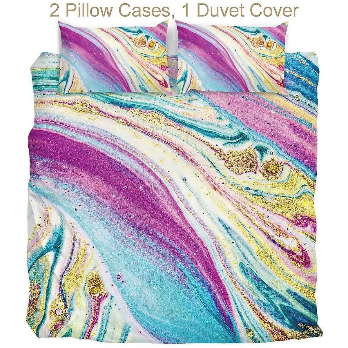 Sleepwish Marble Duvet Cover Set Modern Liquid Marble Colorful Duvet Cover 3 Pieces Abstract Rainbow Bedspreads Full King Size（Purple Turquoise and Gold）