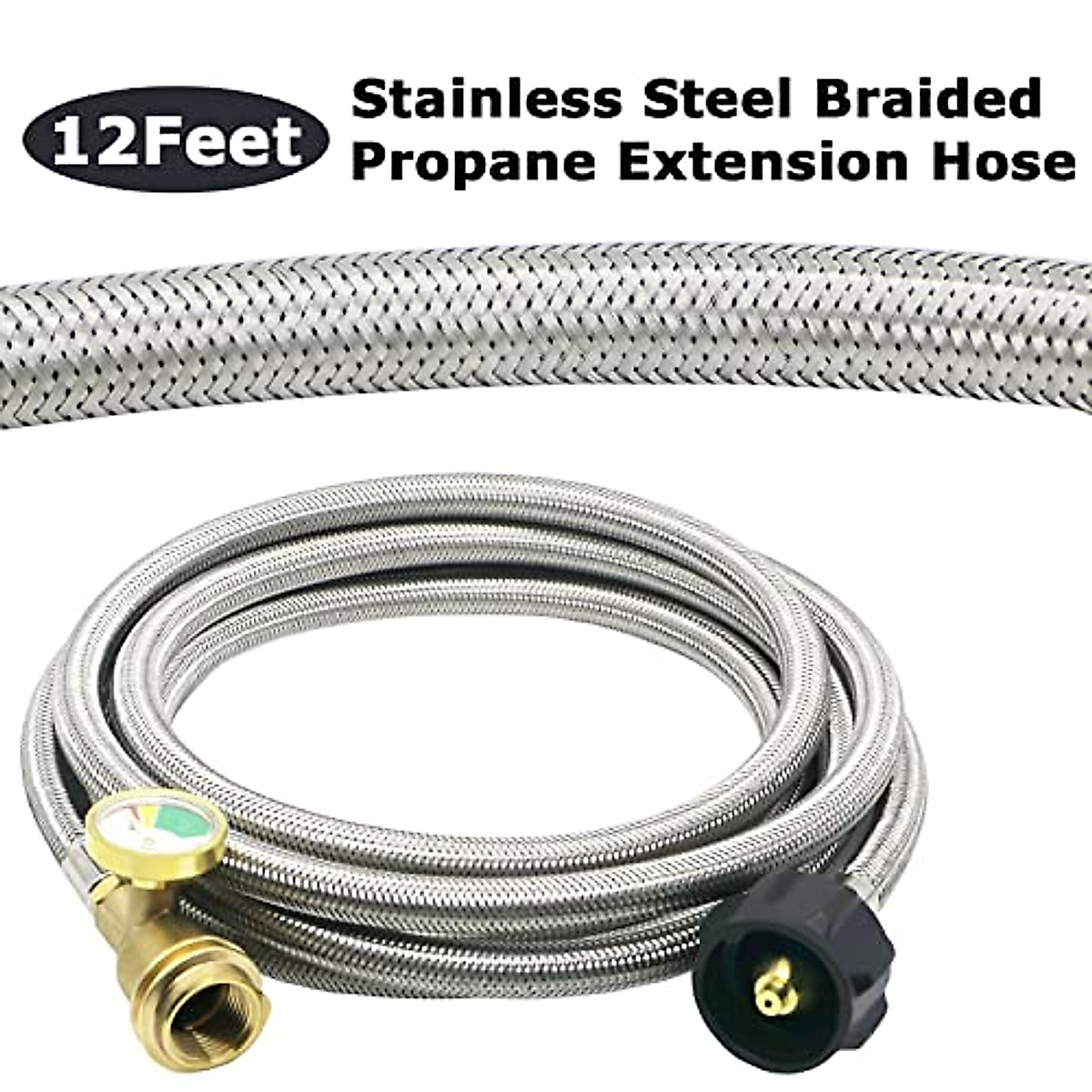 GardenNow Upgraded 12 FT Propane Tank Extension Hose Braided with Gauge, QCC1/Type 1 Tank Extension Hose, Acme to Male QCC/POL Fitting, Leak Detector Replacement for Propane Tank Appliances, Gas Grill