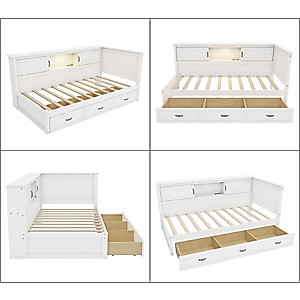Merax Twin Size Corner Bed Frames with Storage Drawers and USB Port & Led Downlight Headboard, Wooden L-Shaped Captain Daybed for Small Room, Bedroom, Guest Room, Kids' Room, White
