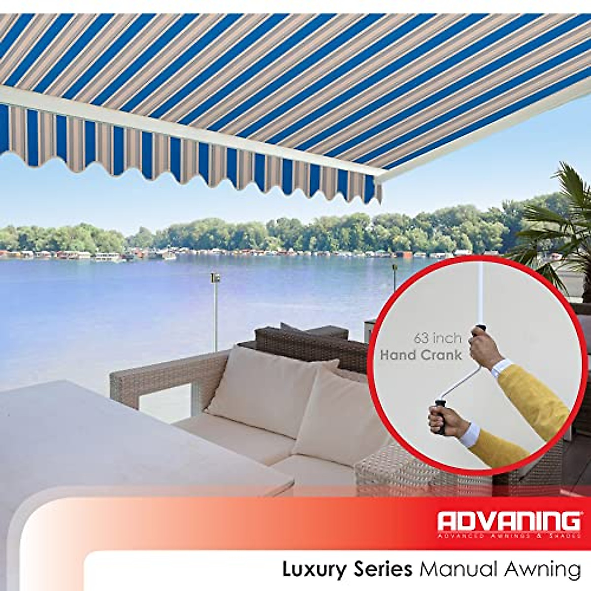 ADVANING MA1210-A447H2 Luxury Series, Premium Quality Manual Retractable Patio Awning, 100% Solution Dyed European Acrylic Easy UV Sunshade Manual Hand Crank, 12'x10', Ocean Blue - Sand Beige Stripes