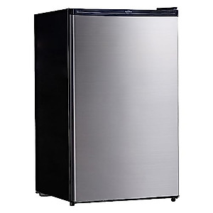 Koolatron Stainless Steel Compact Fridge with Freezer, 4.4 cu ft (124L), Silver and Black, Flat Back, Reversible Door, for Snacks, Frozen Meals, Beverages, Beer, Den, Dorm, Office, Rec Room, Home Bar
