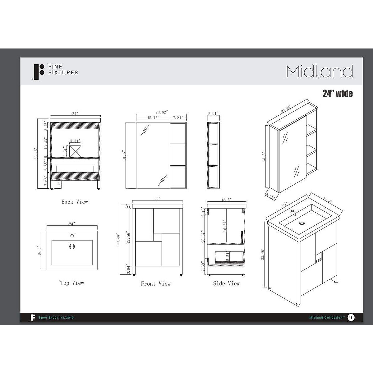 Fine Fixtures 24" Midland Vanity Cabinet Set with Vitreous China Sink, Dawn Gray