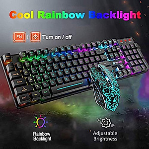 Wireless Gaming Keyboard and Mouse Combo with Rainbow LED Backlit Rechargeable 3800mAh Battery Mechanical Feel,7 Color Gaming Mouse,Mouse Pad for Windows PC Gamers(Black)