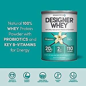 Designer Wellness Designer Whey Natural 100% Whey Protein Powder with Probiotics , Fiber, and Key B-Vitamins for Energy, Gluten-free, Non-GMO, French Vanilla 12 oz