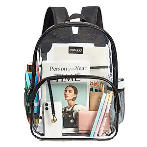 COVAX Clear Backpack, See Through Clear Bookbags, Water-resistant PVC Transparent Backpack for School, Work, Security, Sporting Events