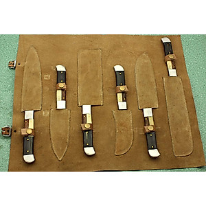 6 Pieces Damascus steel kitchen knife set, Custom made hand forged Damascus steel blade, Overall 65 inches Length of Damascus sharp knives, Cow hide suede Leather sheath00