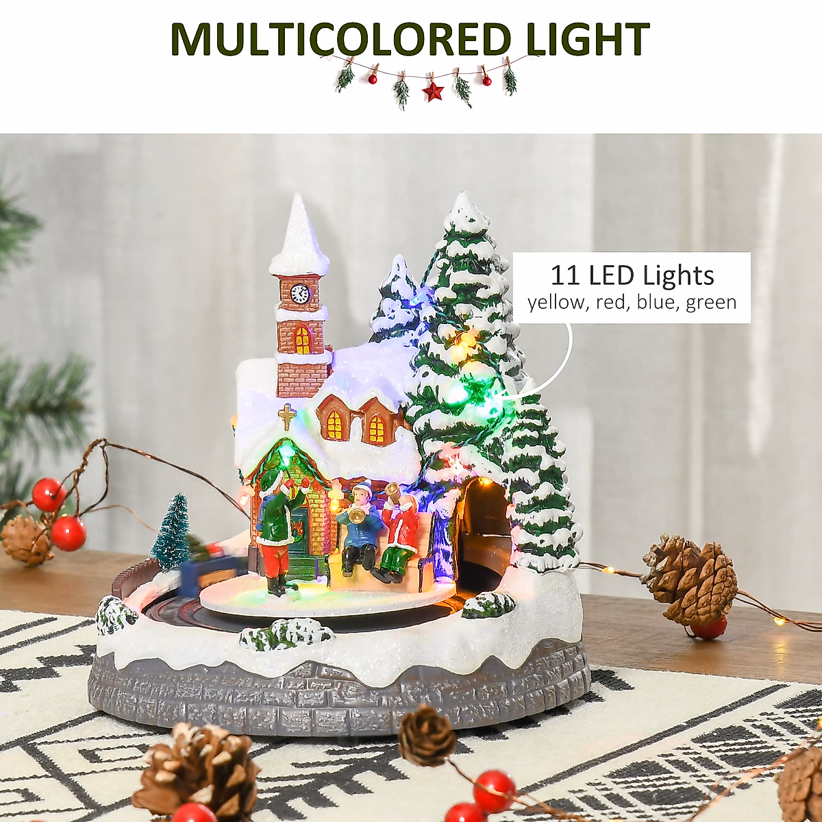 HOMCOM Animated Christmas Village, Pre-lit Musical Collectable Decor with Moving Train for Indoor Holiday Displays, Built-in LED Lights for Tabletop