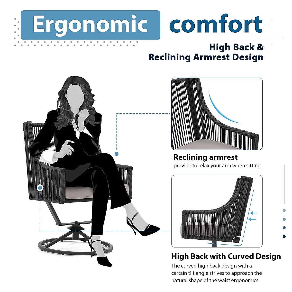 JOIVI Outdoor Swivel Patio Chair Set of 2, Rattan Dining Chairs with Armrest and Cushions, Outdoor Swivel Chair with Iron Frame for Garden, Lawn, Porch, Balcony