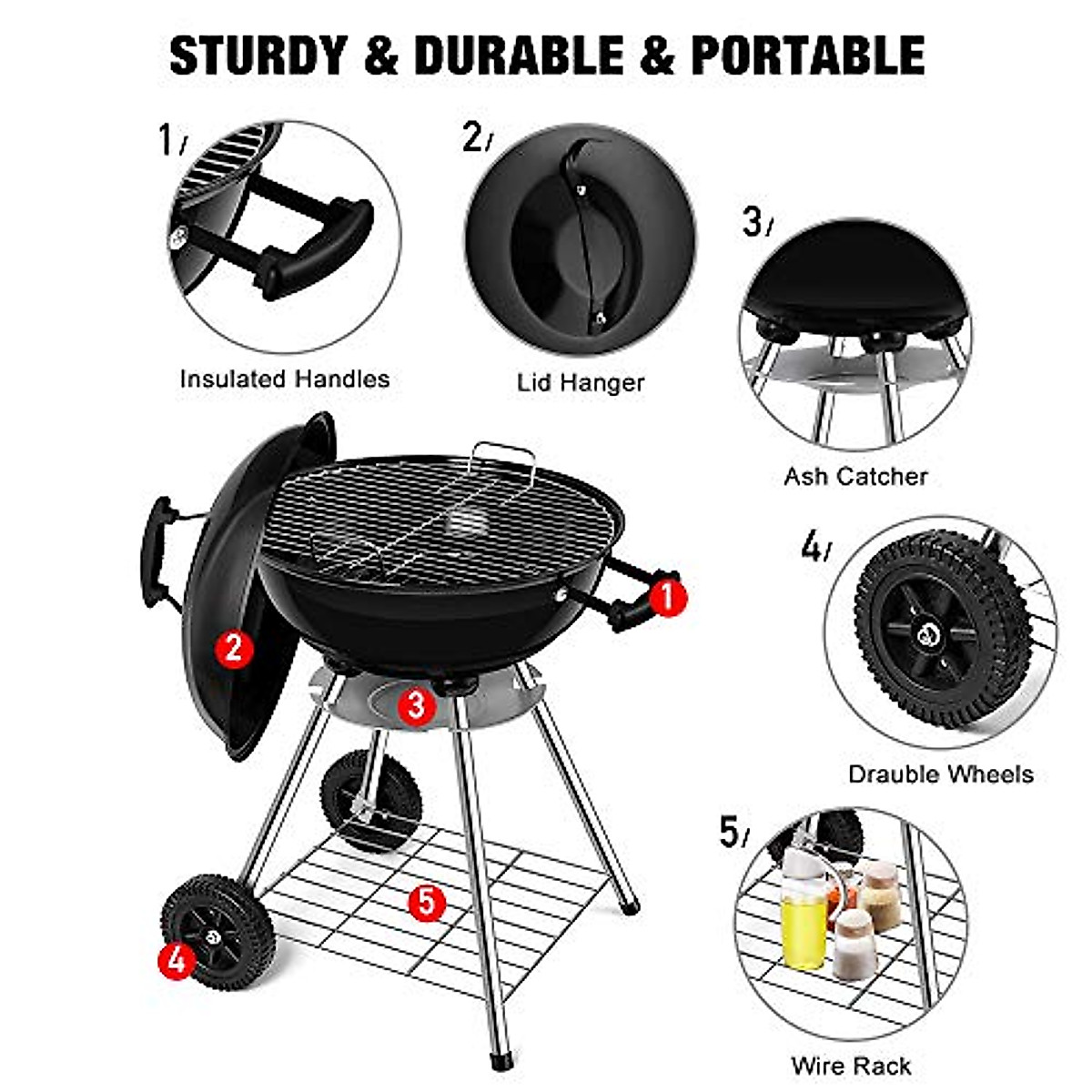 BEAU JARDIN Premium 18 Inch Charcoal Grill for Outdoor Cooking Barbecue Camping BBQ Coal Kettle Grill Tailgating Portable Heavy Duty Round with Thickened Grilling Bowl Wheels for Small Patio Backyard