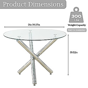 HAIZAO Dining Table Set for 2, Modern Round Tempered Glass Top Table and PU Leather Chairs for Dining Room, Small Living Room, Kitchen, Plain Back, Black with Silver Base