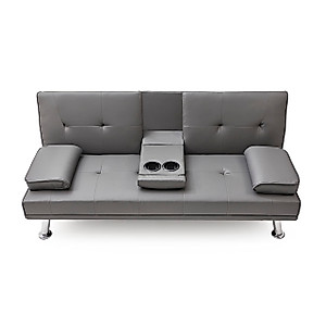 Anwick Futon Sofa Bed Faux Leather Couch Bed Modern Convertible Folding Recliner with 2 Cup Holders and Metal Legs for Living Room Apartment Dorm w/Removable Armrests, (Gray)