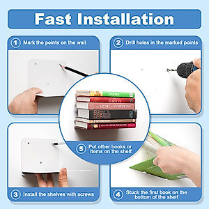 FENTEC Floating Book Shelves for Wall, Wall Mounted Invisible Floating Bookshelf, Heavy-Duty Hanging Bookshelves, Hidden Book Shelf Metal Wall Book Holder for Bedroom Home Office, 6-Pack White