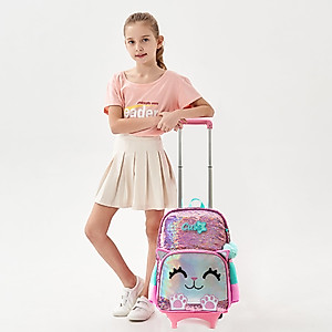 Backpack with Wheels for Girls Cute Rolling Pink Cat School Backpack Kids Sequin Roller Luggage Suitcase for Elementary Kindergarten Students with Lunch Box Pencil Case for Girls 5-12 Years Old