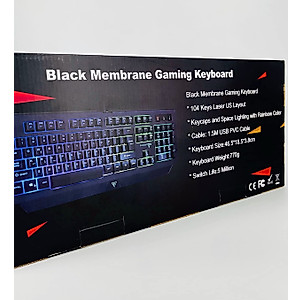 Gaming Keyboards Black Membrane Gaming Keyboard,104 Keys Laser US Layout * Metal Included,Keycaps and Space Backlight,Lighting with Rainbow Color