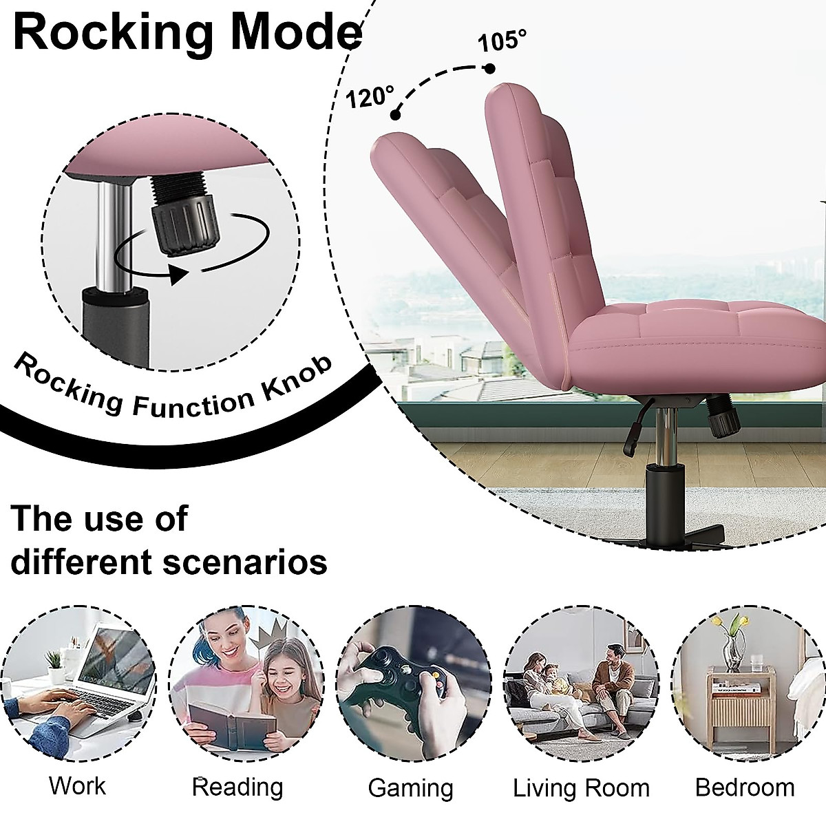 SeekFancy Criss Cross Chair with Wheels, Pink Armless Legged Office Desk Chair Wide Seat, Leather Comfortable Adjustable Swivel Computer Task Vanity Chairs for Small Space, Home Office