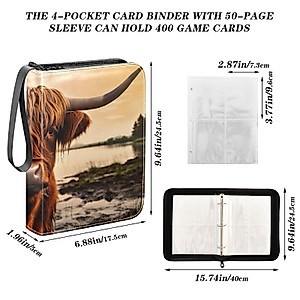 PYBUG Highland Cow Trading Card Binder with Nylon Strap 4-Pocket Waterproof PU Leather Card Collection Binder for 400 Cards Sturdy Card Holder Folders for Game Cards,Sports Cards