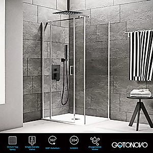 gotonovo Ceiling Mount Shower Faucet Set Matte Black 12 Inch Square Showerhead Bathroom Rainfall Shower System Stainless Steel Shower Trim Kit 2 in 1 Cylindrical Handheld shower with Rough-in Valve