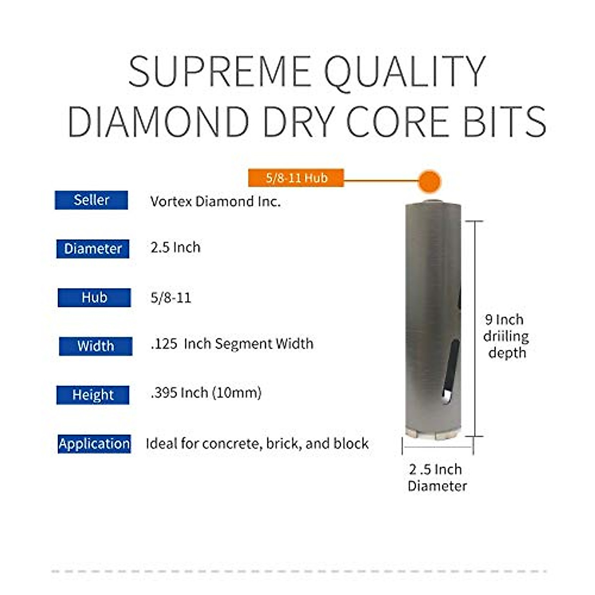 ALSKAR DIAMOND APDB 2-1/2 inch Dry Drill Core Bits with Diamond Aligned Segment for Brick Concrete Masonry 5/8"-11 Threaded (2-1/2")
