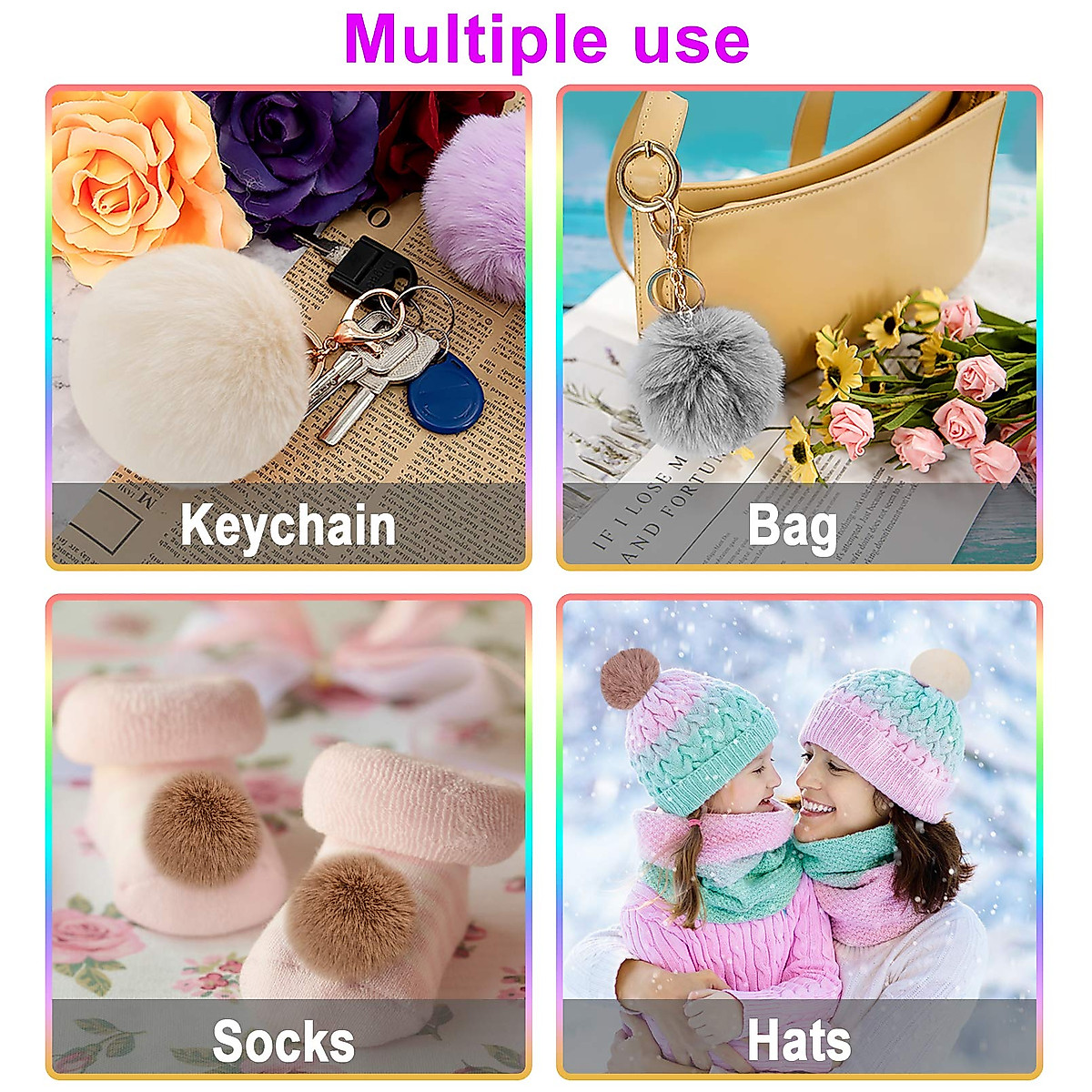 BQTQ 26 Pieces Faux Rabbit Fur Pom Pom Keychain Fluffy Balls Pom Pom with Elastic Loop for Hats Keychains Scarves Gloves Bags Accessories(13 Soft Colors, 2 Pcs Each Color)