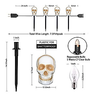 C7 Halloween Skull Pathway Stake Lights, 7 Ft Halloween Pathway String Lights with 4 C7 Bulbs, Stake, Halloween Decorations Driveway Markers Lights for Outdoor Holiday Garden Walkway Party Lighting