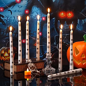 Threlaco 12 Pcs Halloween Taper Candles 10 Inch Tall Unscented Candle Sticks White Black Spider Candle Set Halloween Gifts Holiday Decor for Dinner, Party, Wedding, Anniversary