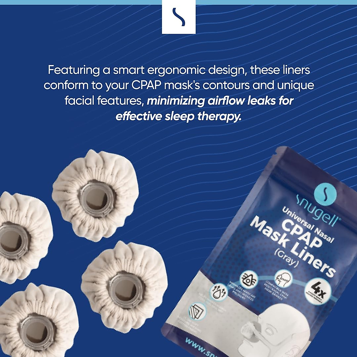 Snugell Universal Nasal CPAP Mask Liners - 4-Pack - Gray - Ultra Soft Cotton Fabric - Compatible with Most Major Nasal Masks - Reusable & Washable - Helps Maintain Mask Cool and Dry