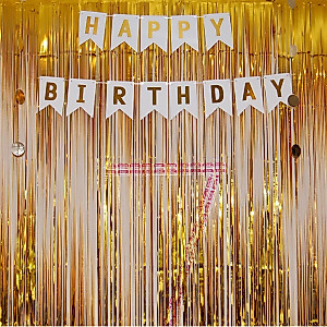 White Happy Birthday Banner With Shiny Gold Letters, Swallowtail Design Hanging Signs Party Decorations
