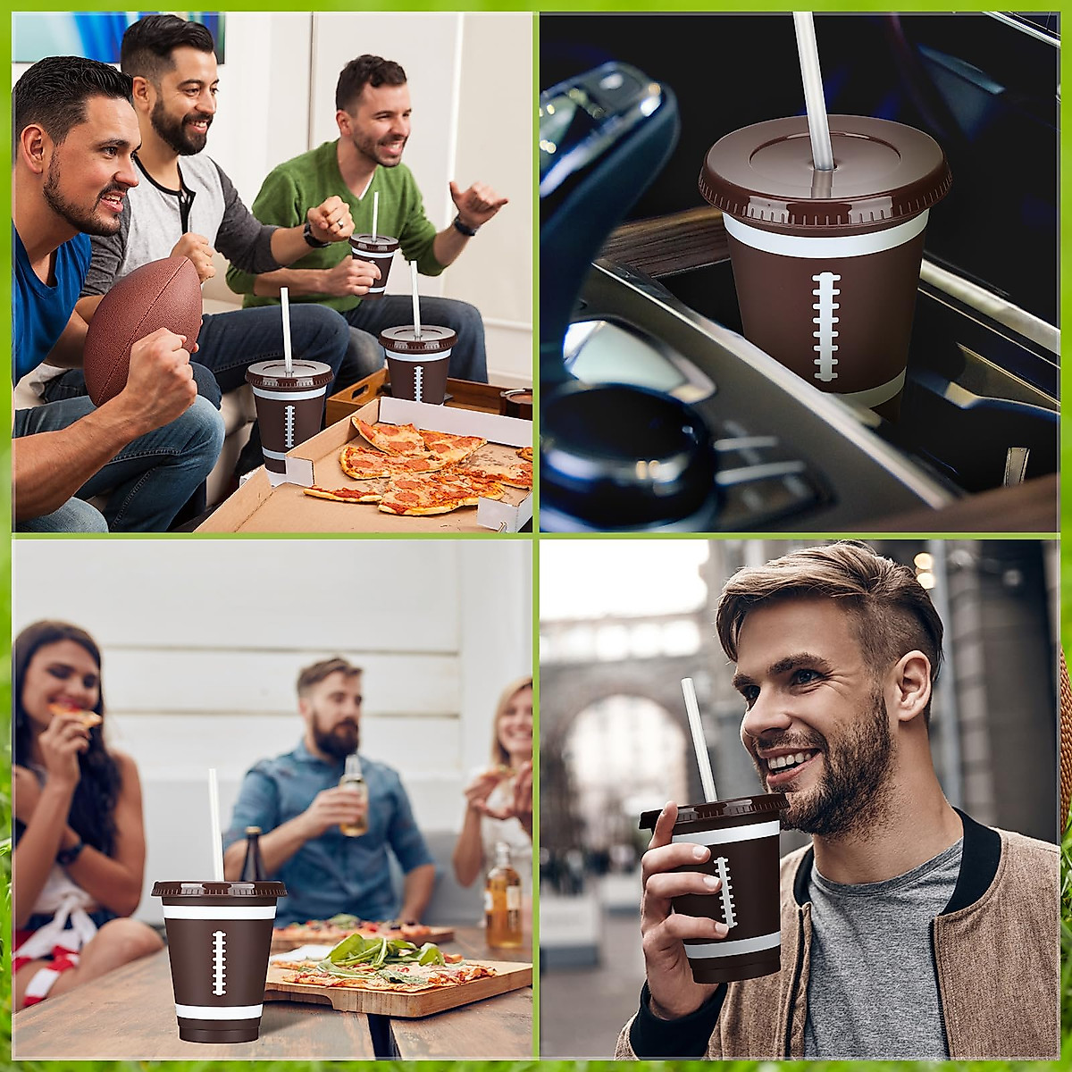 Domensi 20 Pieces Plastic Cups with Lid and Straw Reusable Tumbler Party Plastic Cups 16 oz Party Supplies Party Favors for Game Sport Birthday Party (Football)