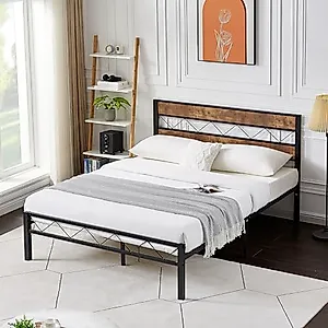 VECELO Queen Size Bed Frame with Wooden Headboard, Heavy Duty 14 Metal Slats Support, No Box Spring Needed, Platform Mattress Base, Under Bed Storage, Noise Free, Easy Assembly