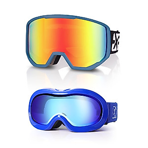 EXP VISION Ski Goggles Anti-Fog Child Snowboard Goggles with UV Protection, Over The Glasses Snow Goggles for Adult Kids (Red Adult ski goggles & Blue Kids Ski Goggles)