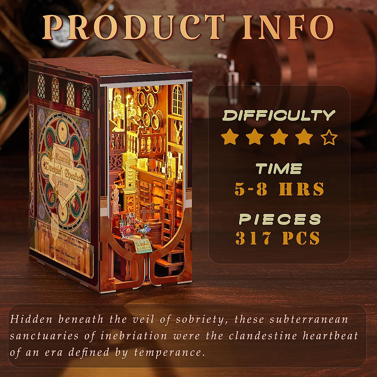 MiniCity Book Nook Kit, DIY Miniature Dollhouse Booknook Kit, 3D Wooden Puzzle Bookend Bookshelf Insert Decor with LED Light for Teens and Adults (Roaring Twenties Speakeasy)