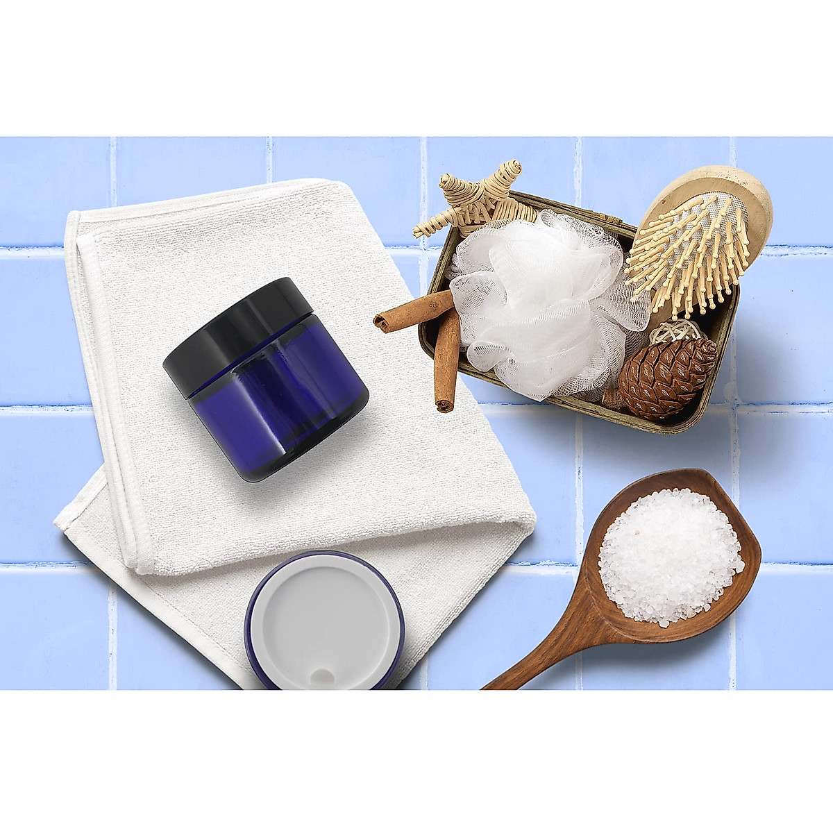 BPFY 24 Pack 2 oz Round Blue Glass Cosmetic Jars with Inner Liners and Black Lids, Travel Jars, Refillable Containers for Makeup, Cream, Lotion, Sugar Scrubs, Eye Shadow, Slime, Paint, Jewelry