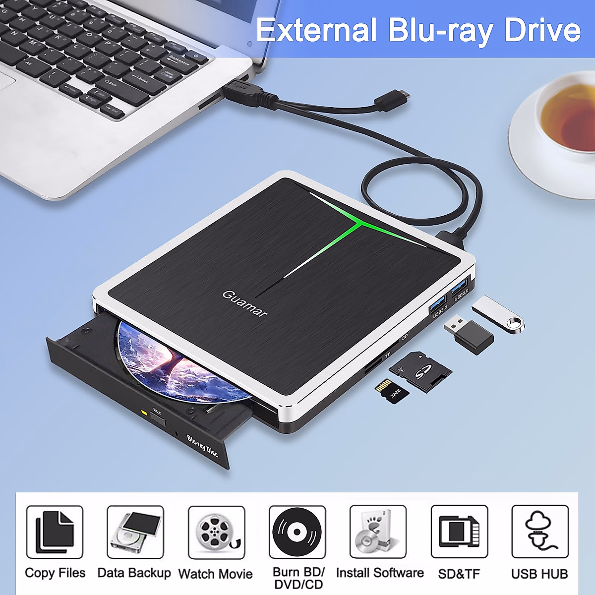 Guamar External Blu Ray Drive, USB 3.0 Type C Blu-ray Burner Bluray DVD Player BD Reader Writer Slim Portable Blue ray CD/DVD Optical Disk Drives for Laptop PC Mac MacBook Computer Desktop Windows 11