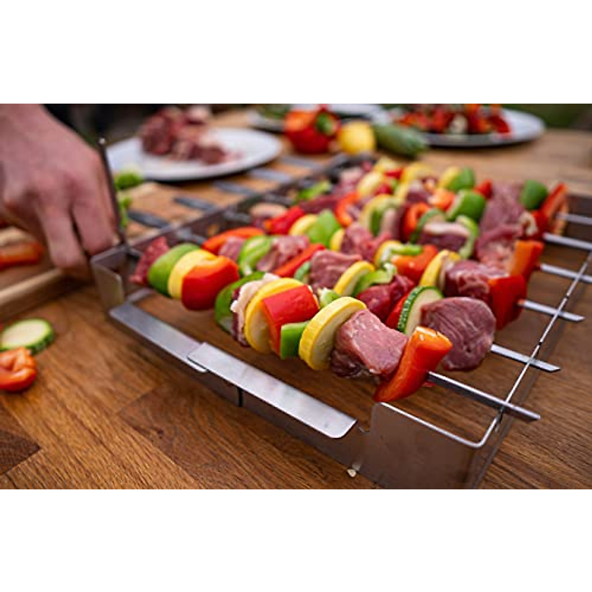 BBQ Dragon Domino Style Shish Kabob Skewers & Rack Set - Stainless Steel BBQ Skewers - Foldable Grill Rack with 6x14” Metal Skewers for Grilling -Flat Kabobs Skewers for Meat, Shrimp, Chicken, Veggie