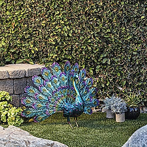Alpine Corporation JUM232 Metal Peacock Outdoor Statue, 32" L x 12" W x 23" H, Multi-Color