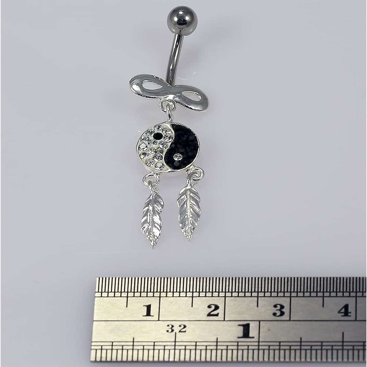 Black Multi Crystal Gemstone Stylish Infinity with Yin Yang and Dream Catcher Dangling 925 Sterling Silver Belly Ring Body Jewelry